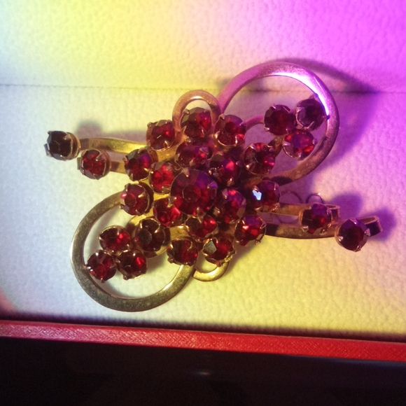 Jewelry | Riveted Red Jewel Brooch With Gold Tone Art Deco Structure ...